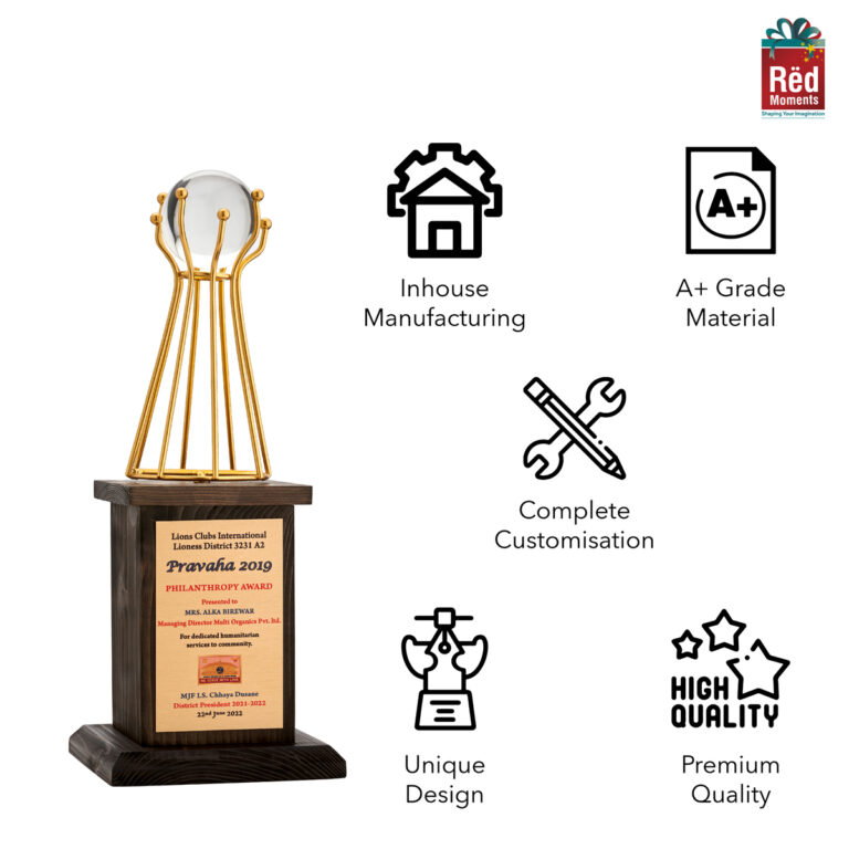 Rot iron trophy with crystal ball and wooden stand (Excluding metal ...